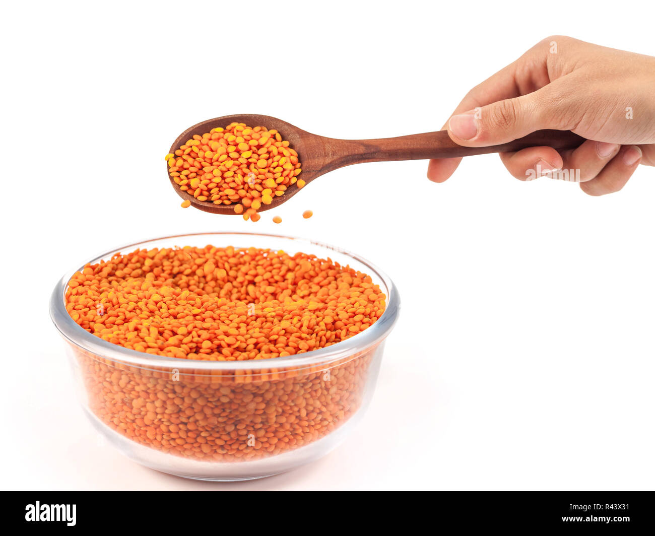 Yellow lentil in glass bowl with wooden spoon in the hand isolated on white background Stock ...