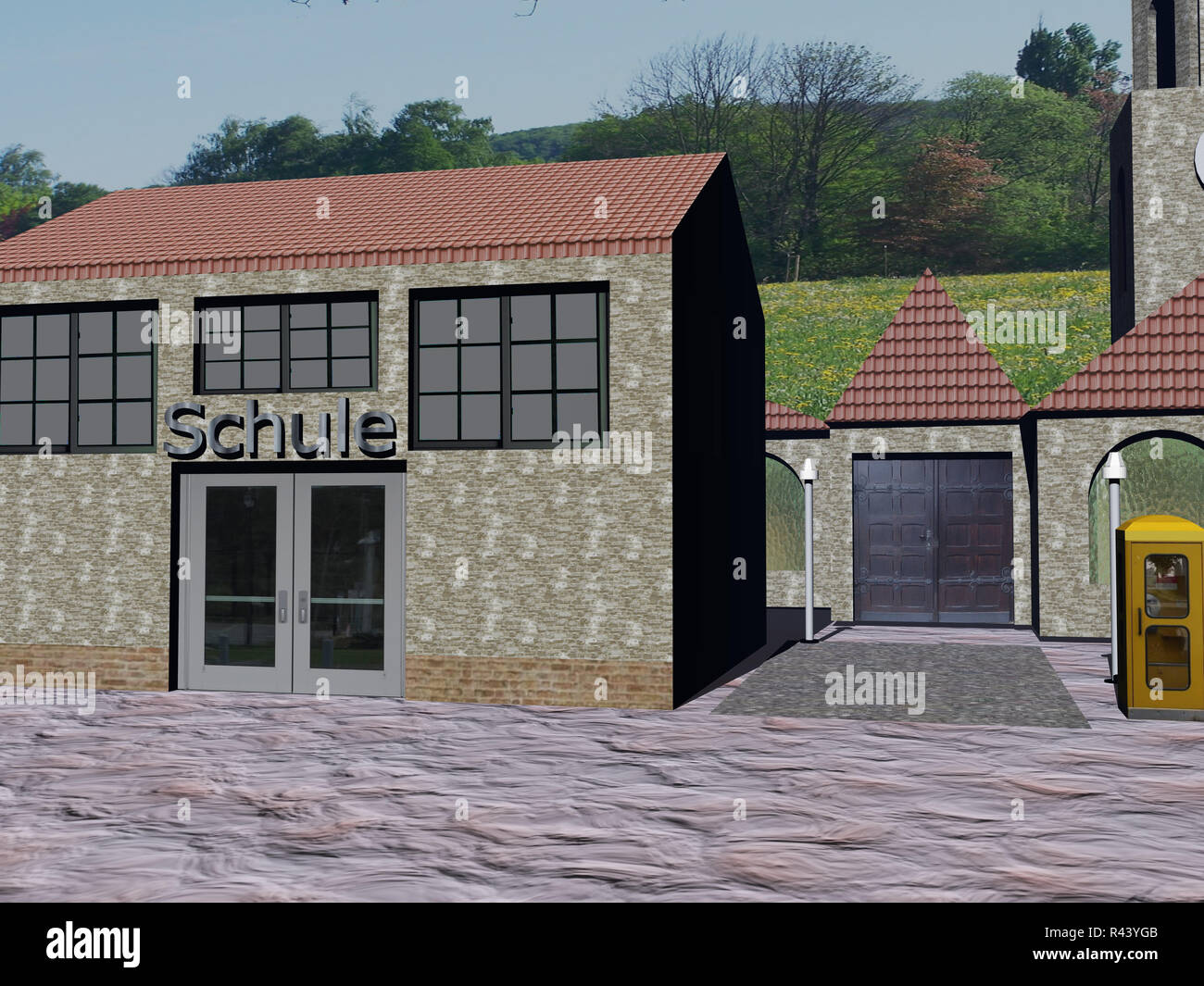 school and church in small town Stock Photo - Alamy