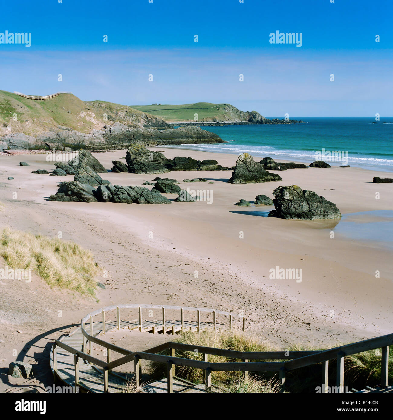 Sandy beach in Durness in Scotland with a blue sky. Picture taken in ...