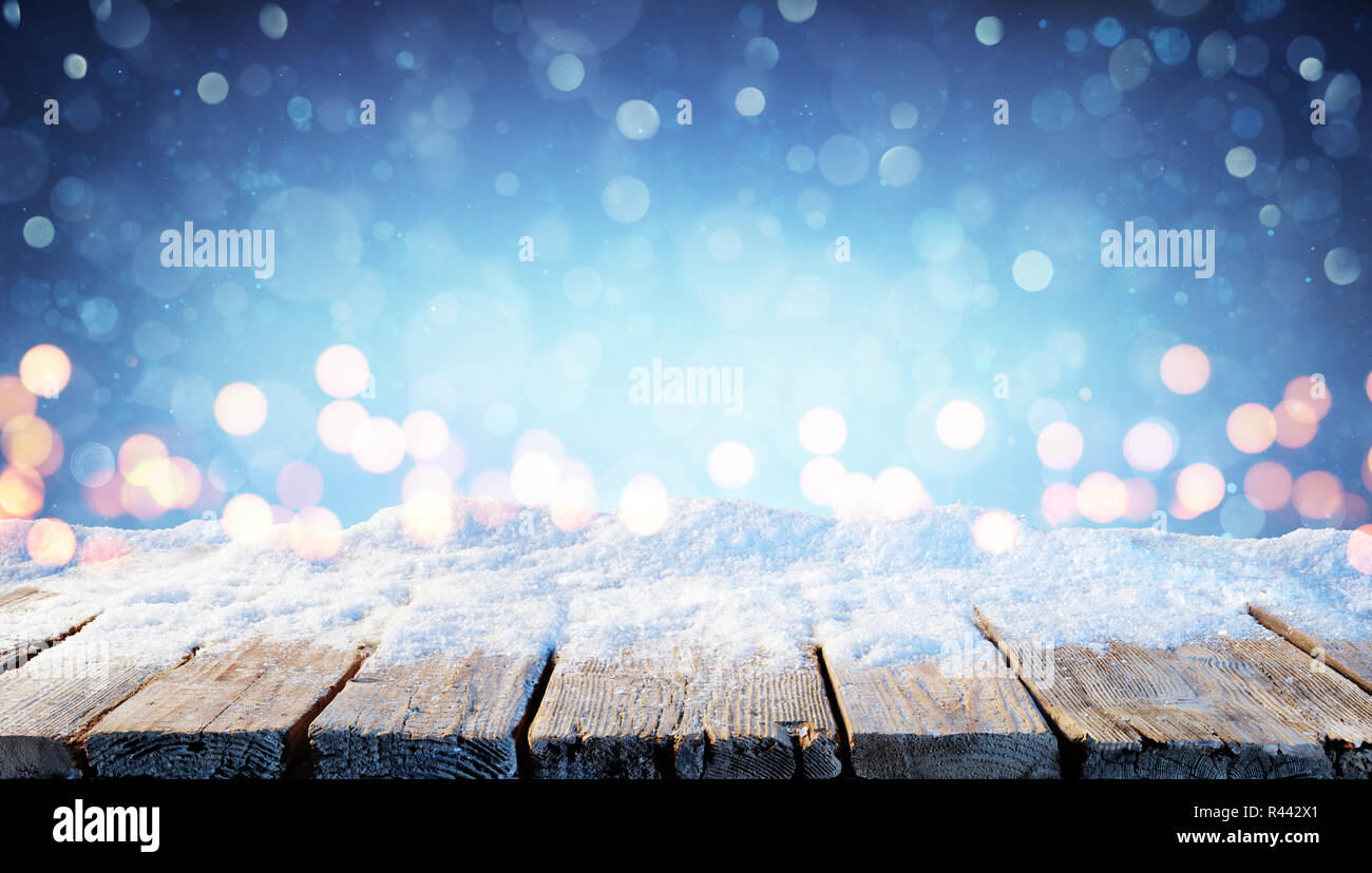 Winter Background - Snowy Table With Christmas Lights In The Night ...