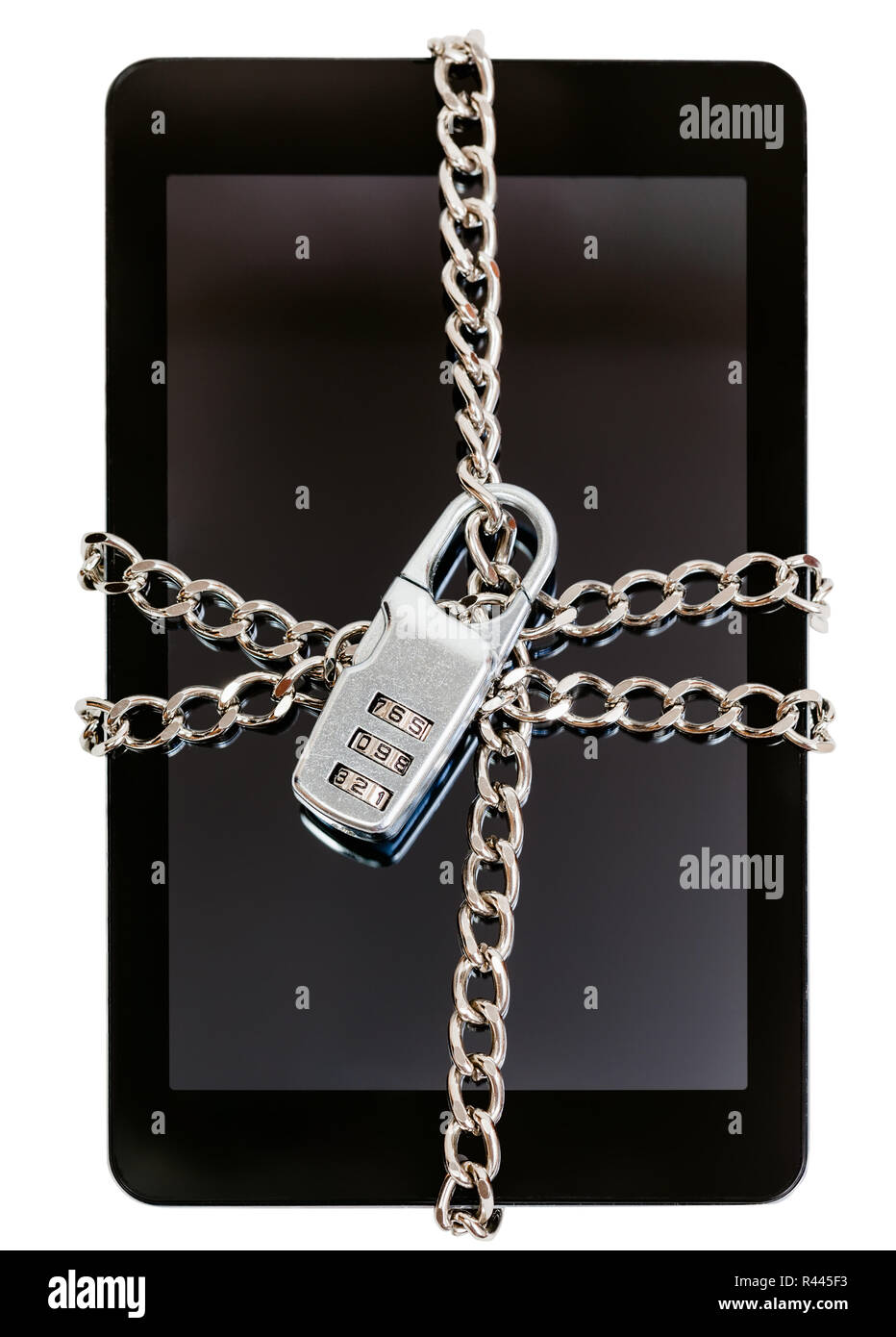 tablet pc chained by chain with combination lock Stock Photo - Alamy