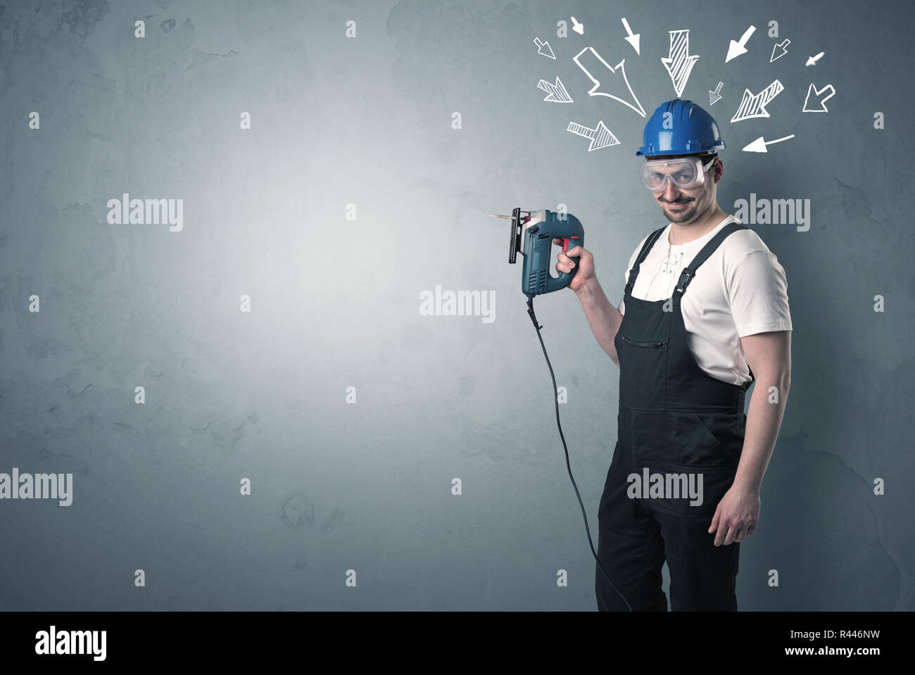 Working man with tools in his hand and arrows above his head Stock ...