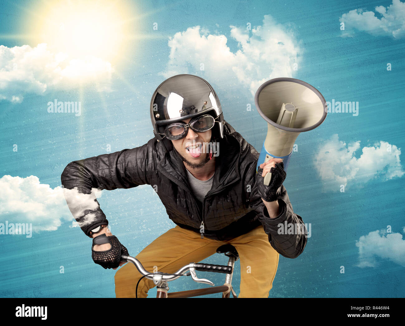 Nerd, crazy stylish rider on the bicycle with sunny weather Stock Photo ...