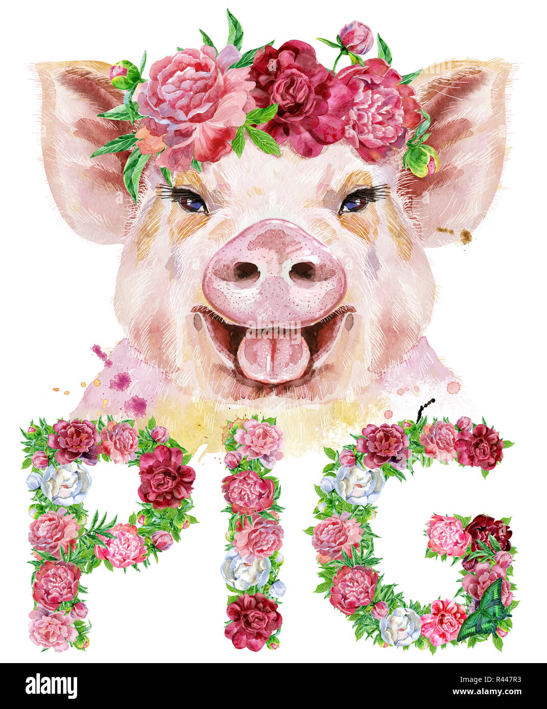 A beautiful pig in a wreath of peonies with word PIG of watercolor ...
