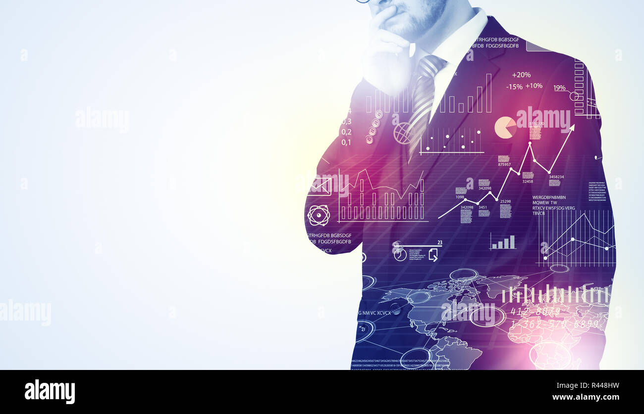 Leader man standing and thinking with graphs, charts, diagrams on the ...