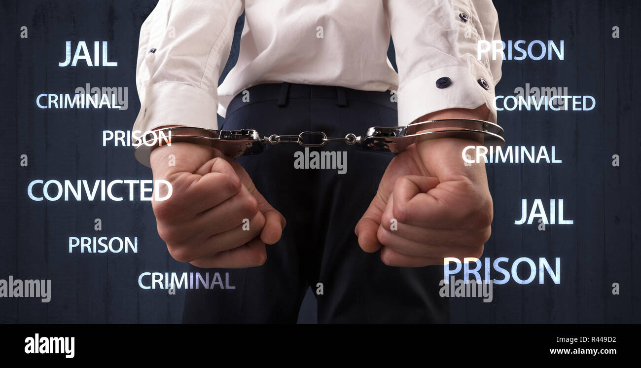 Jail convicted prison criminal labels with close handcuffed man Stock ...