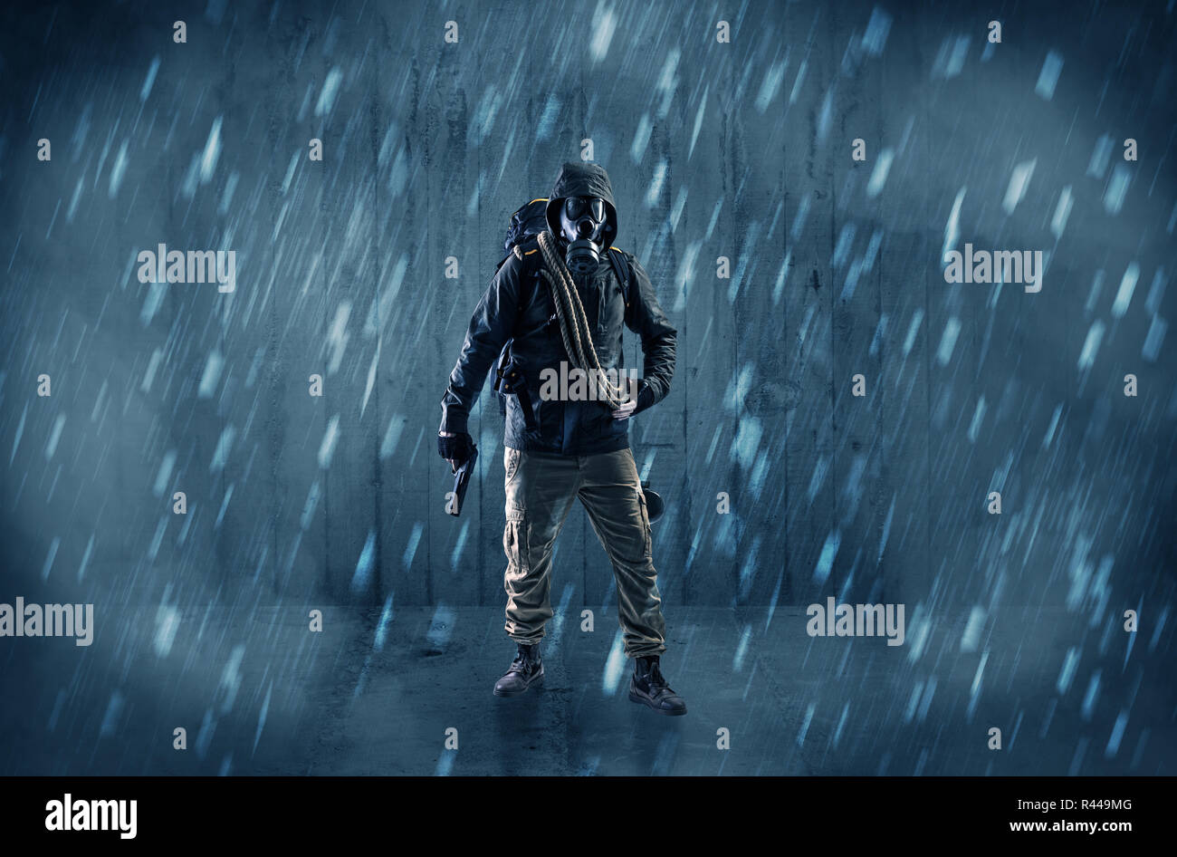 Dreadful dangerous man with wood, shanty wallpaper and fume around ...