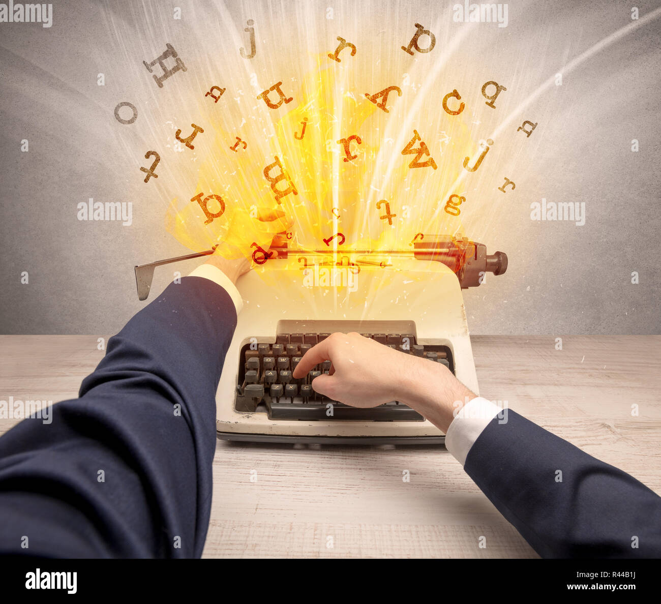 First person perspective image with exploding letters from a vintage ...