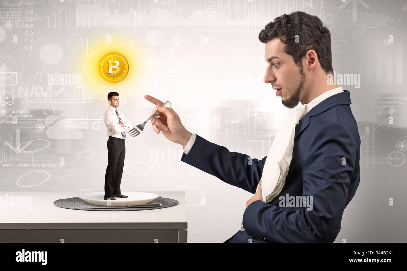 Giant businessman eating small man with financial background Stock ...