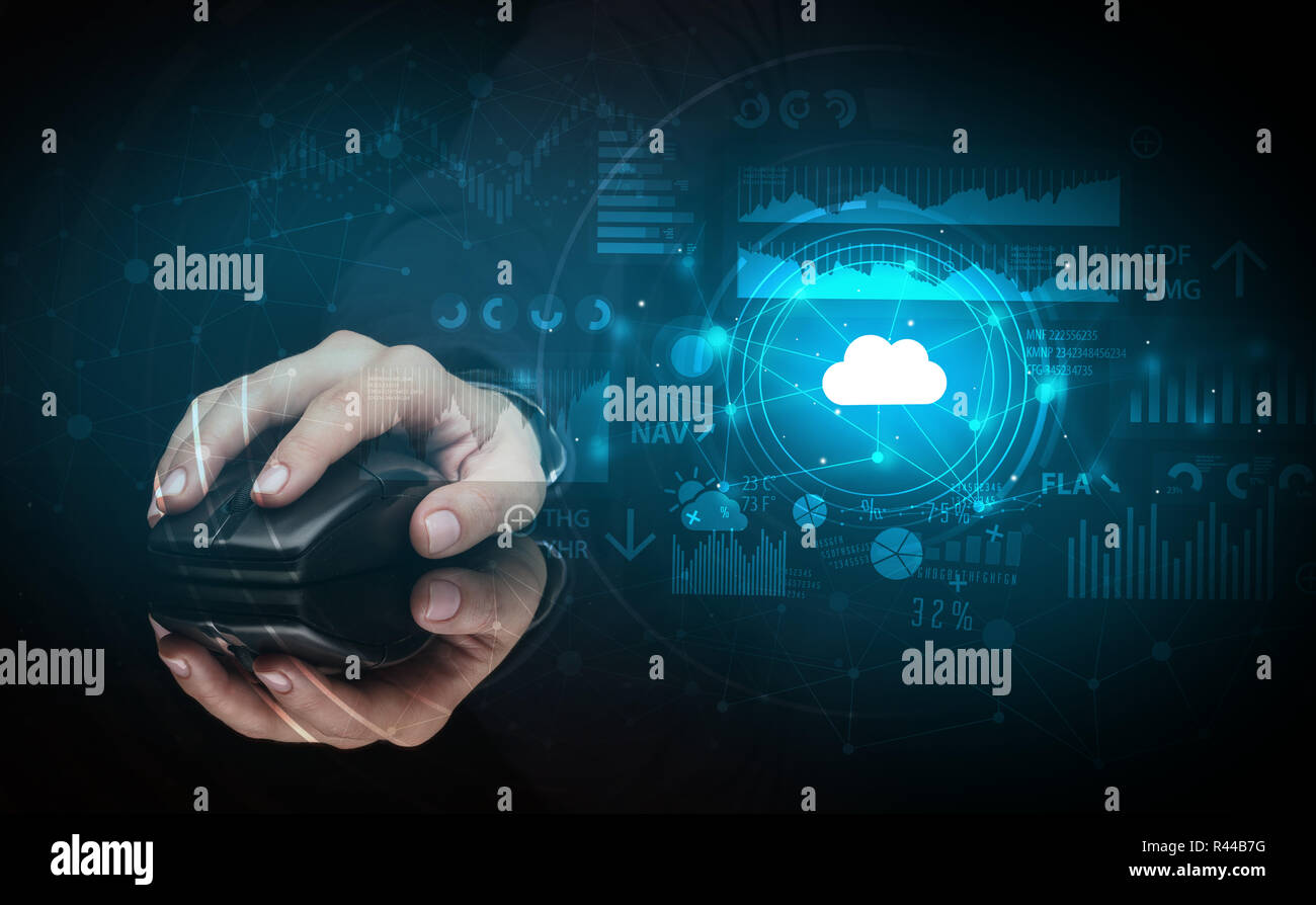 Hand using wireless mouse with cloud technology concept and dark ...