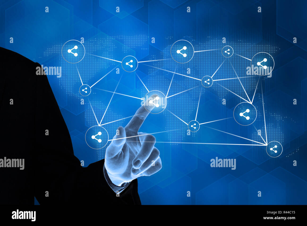 business hand pushing global share button Stock Photo - Alamy