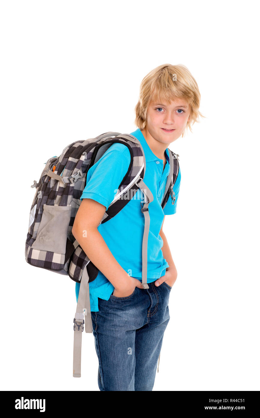 boy with satchel in front of white background Stock Photo - Alamy