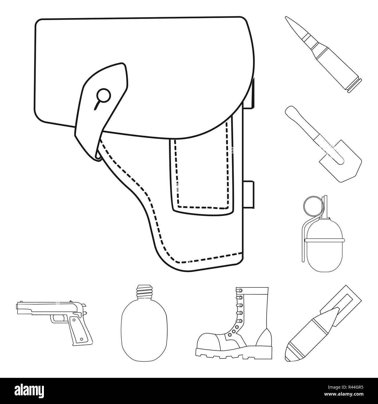 Army and armament outline icons in set collection for design. Weapons ...