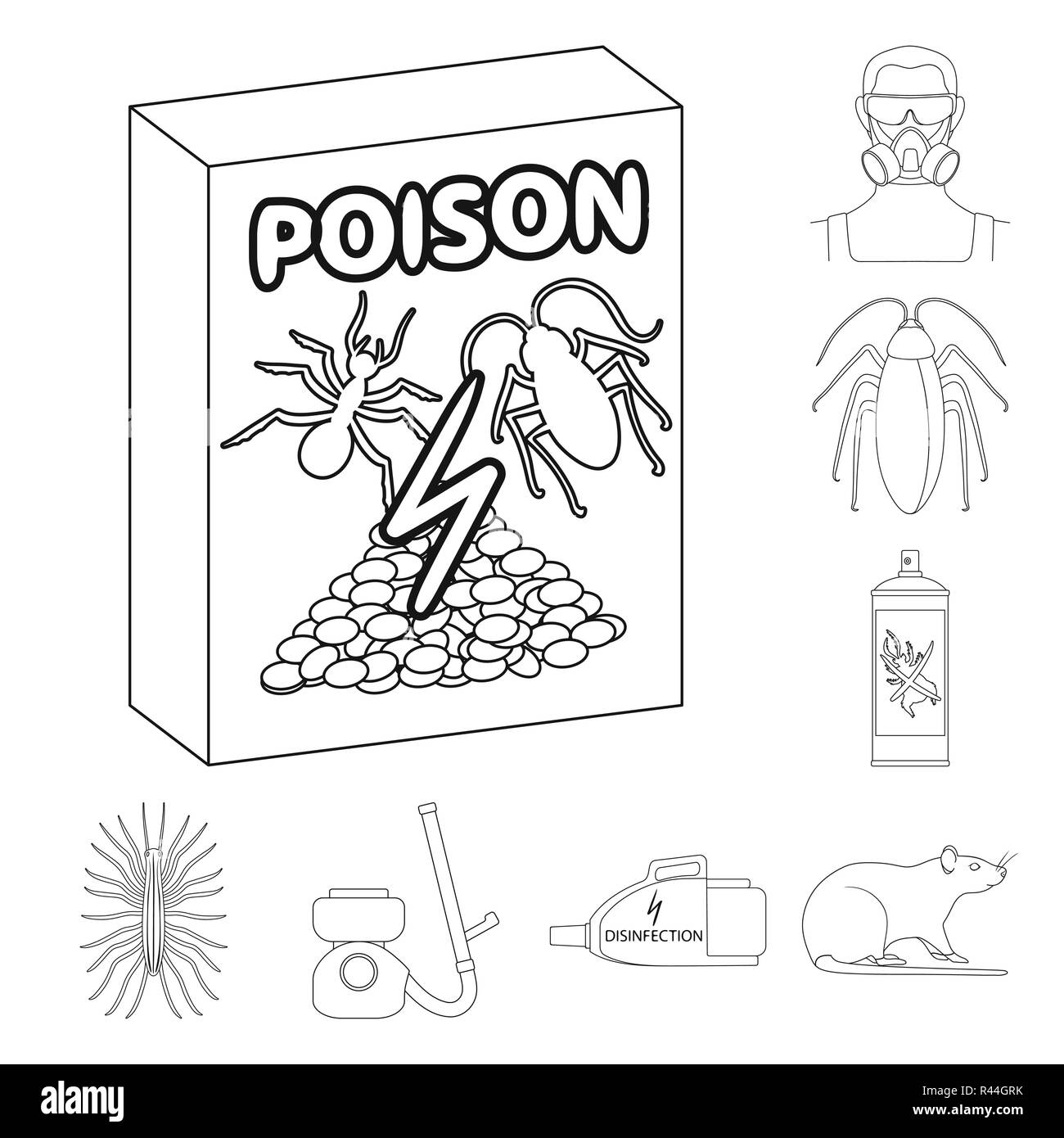 Pest, poison, personnel and equipment outline icons in set collection ...