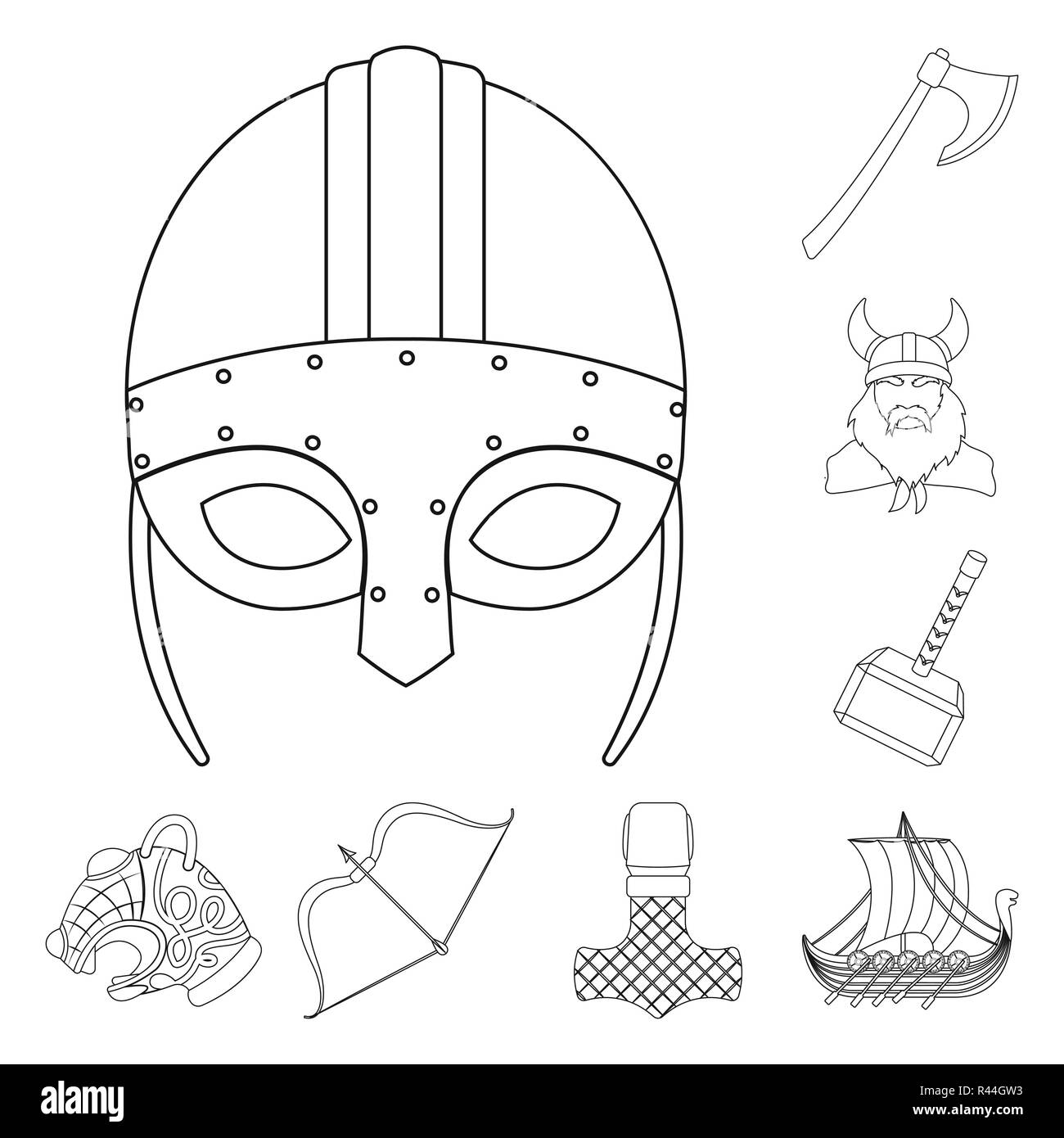 Vikings and attributes outline icons in set collection for design.Old ...