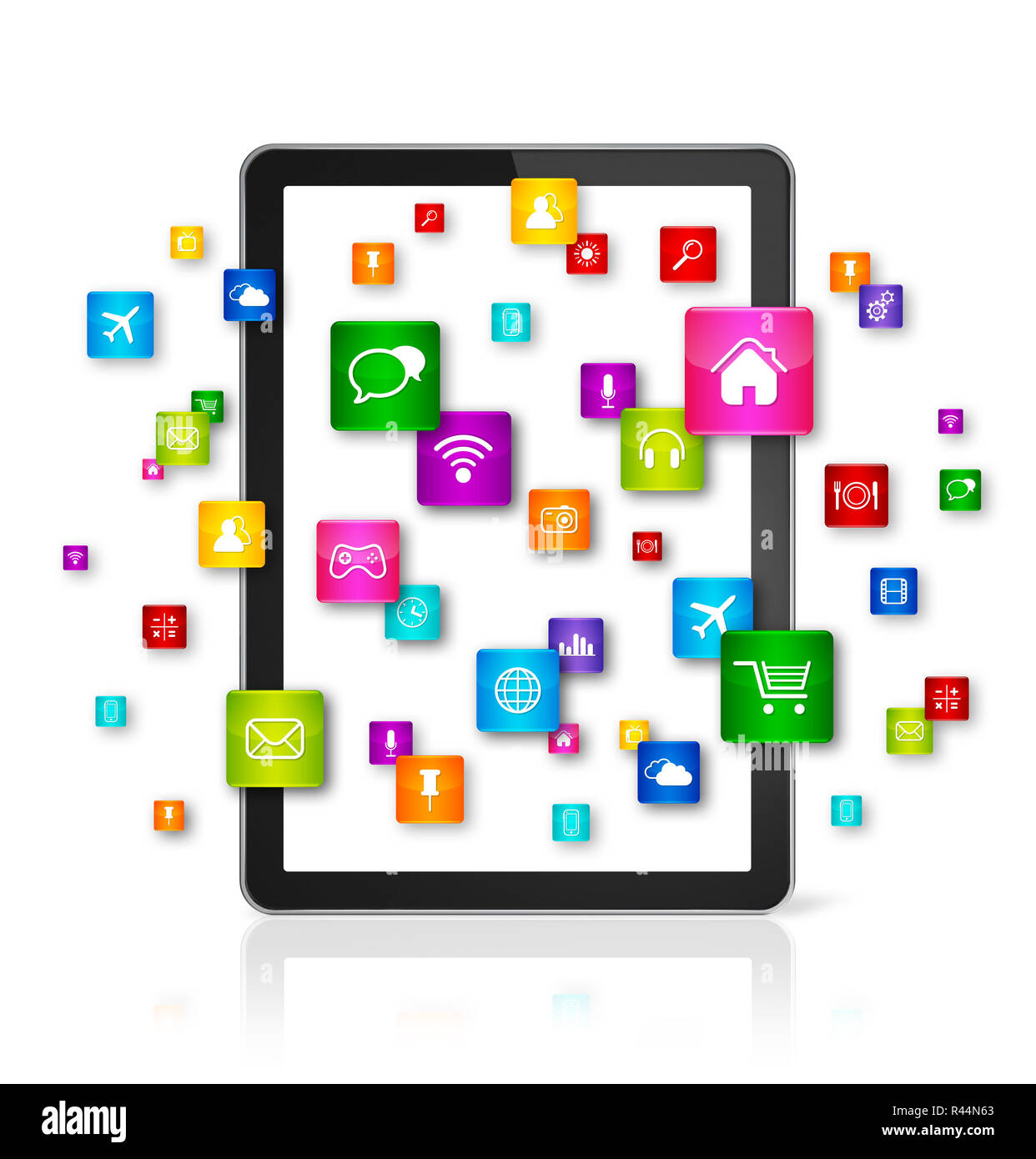 Digital Tablet PC and flying apps icons Stock Photo - Alamy
