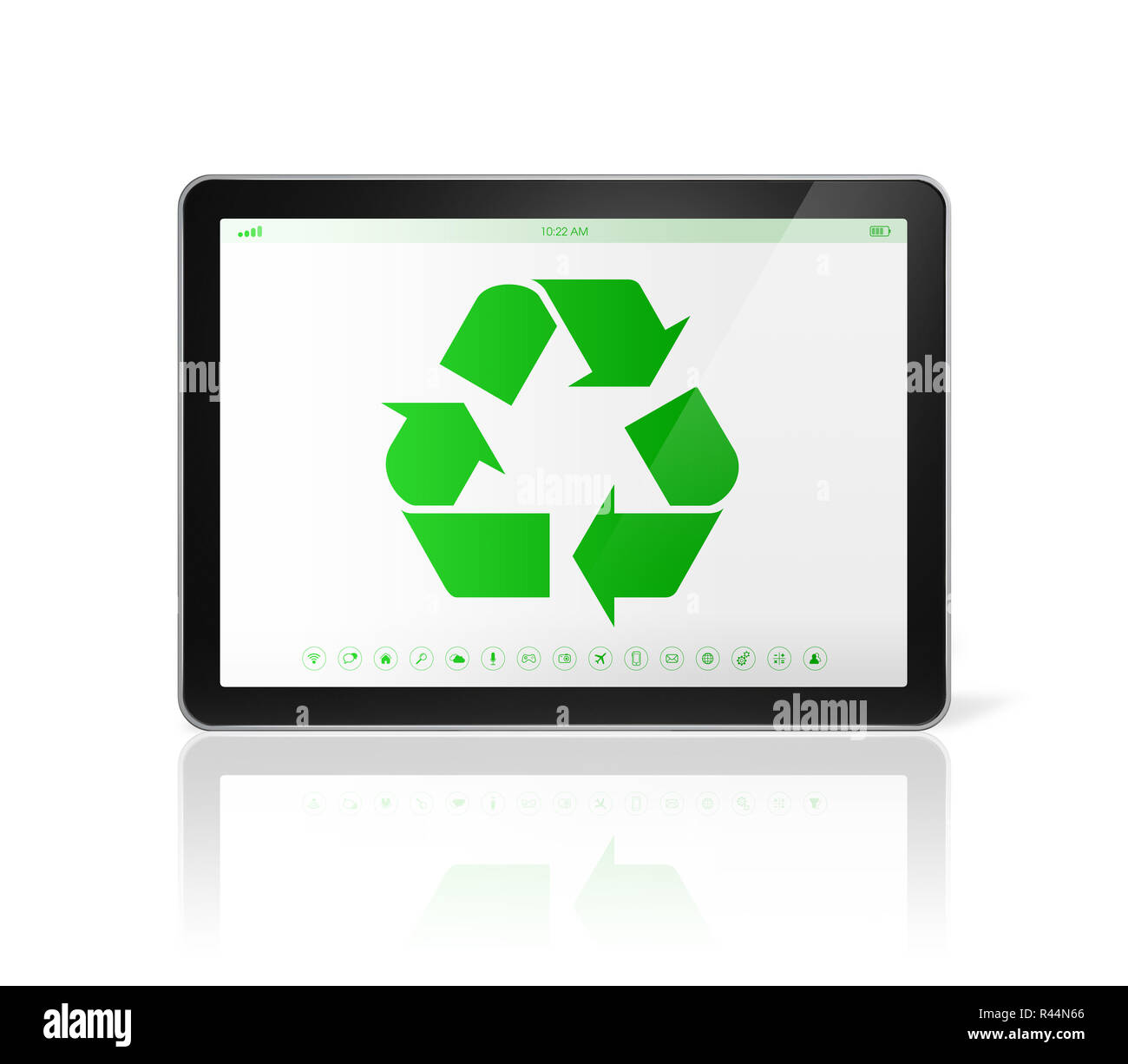 Digital tablet PC with a recycle symbol on screen. environmental ...