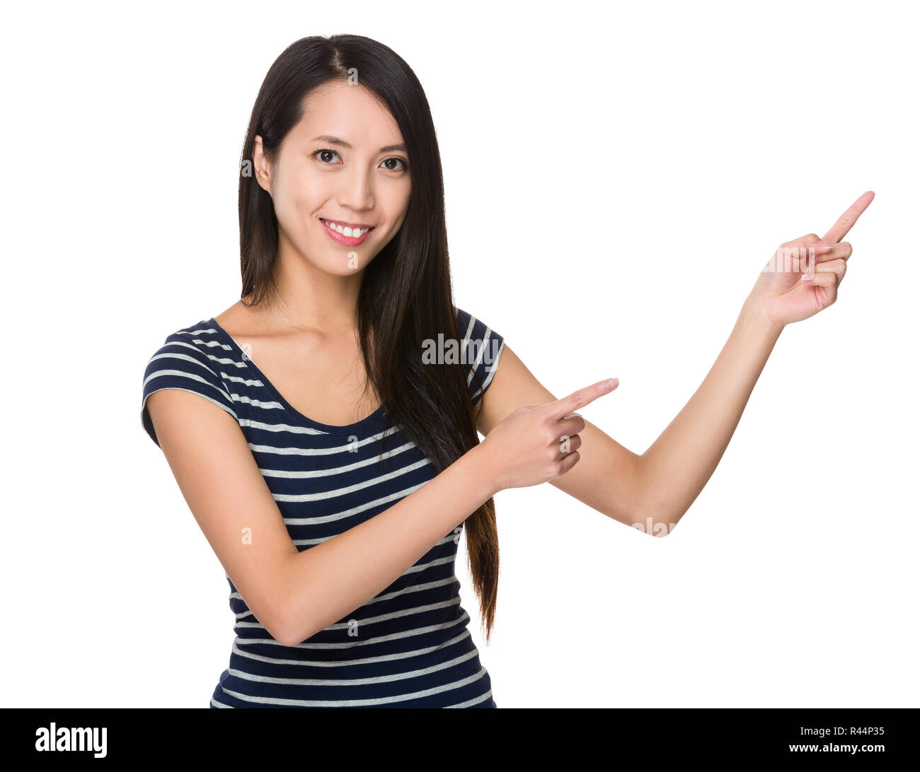Asian Woman with two finger point up Stock Photo - Alamy