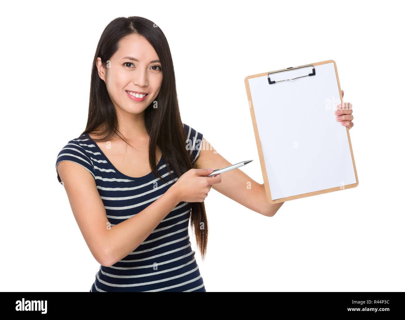 Woman showing with the clipboard Stock Photo - Alamy