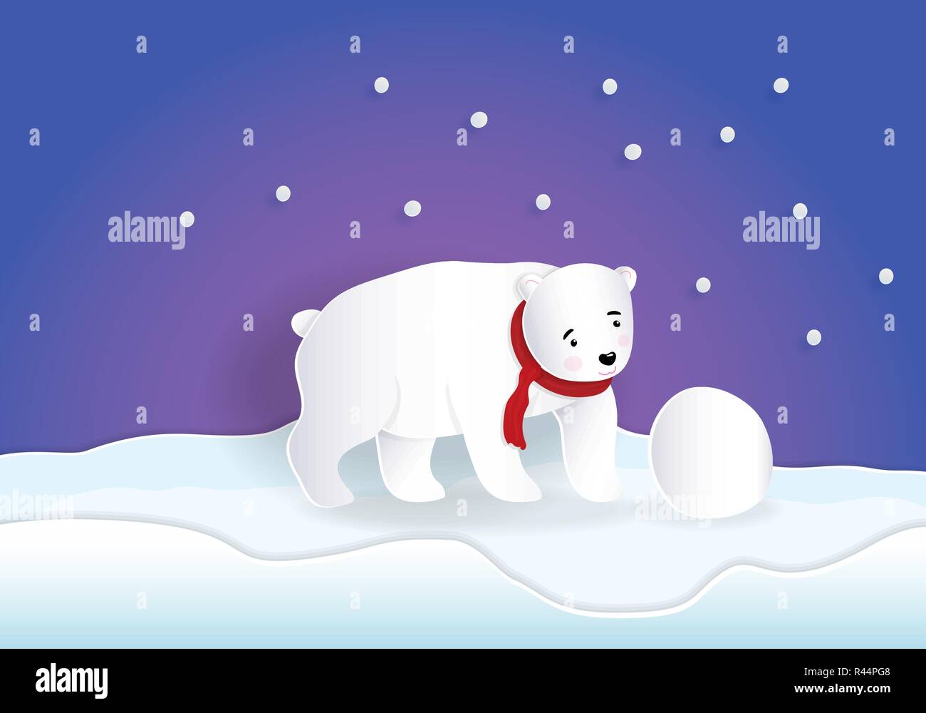 Bear wearing red scarf playing snowball with blue background while snow ...