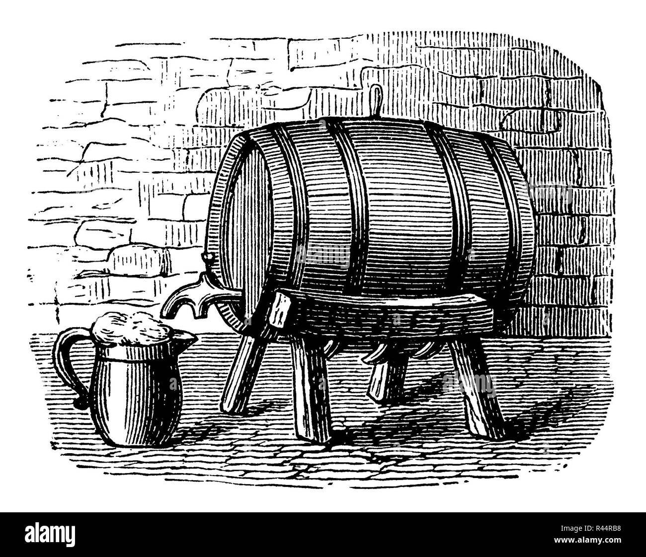 Beer barrel and beer mug in the cellar, 1870 Stock Photo - Alamy