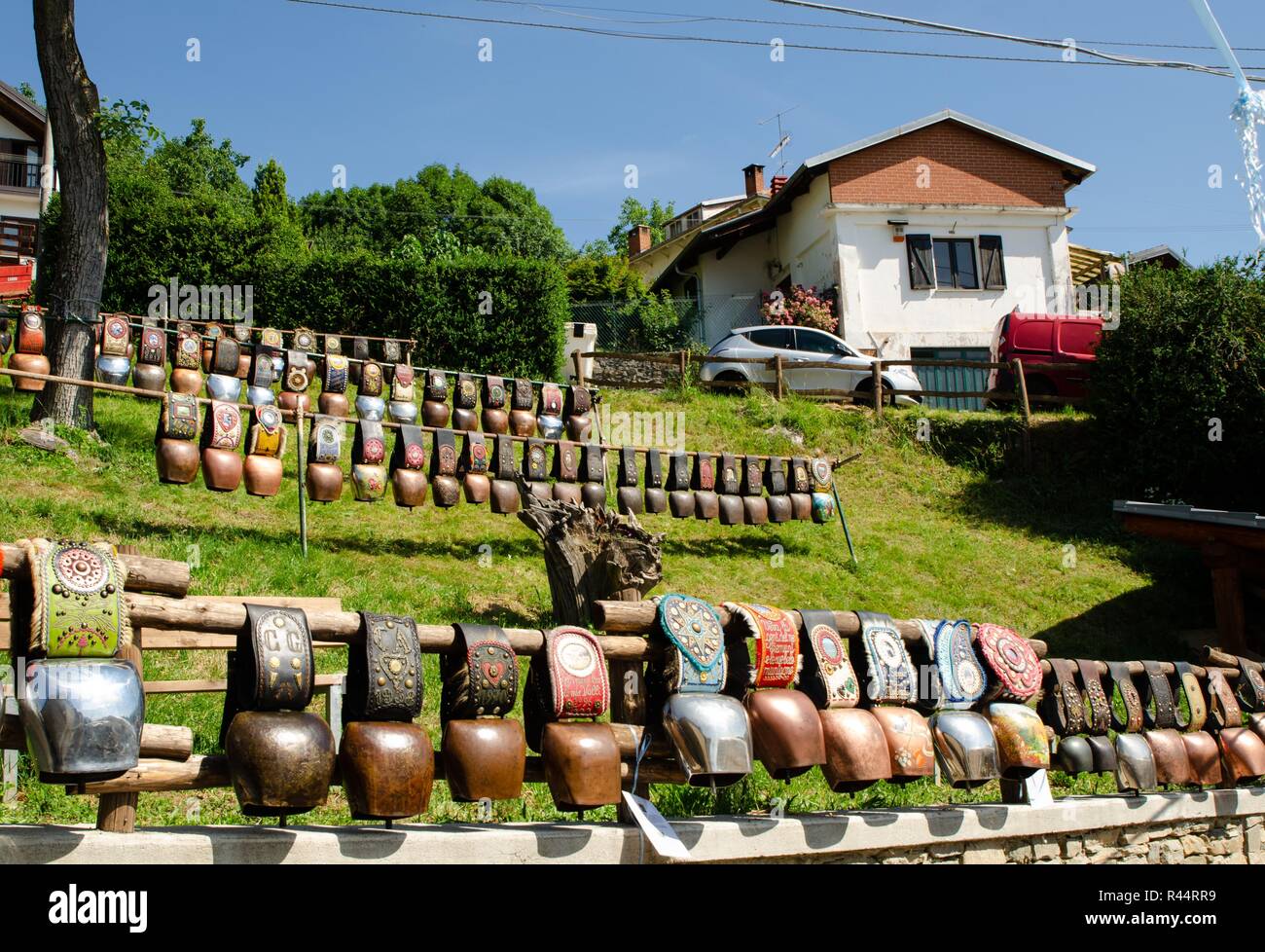 Favella, Piedmont, Italy, July 2018. Cow cattle boots on display at the ...