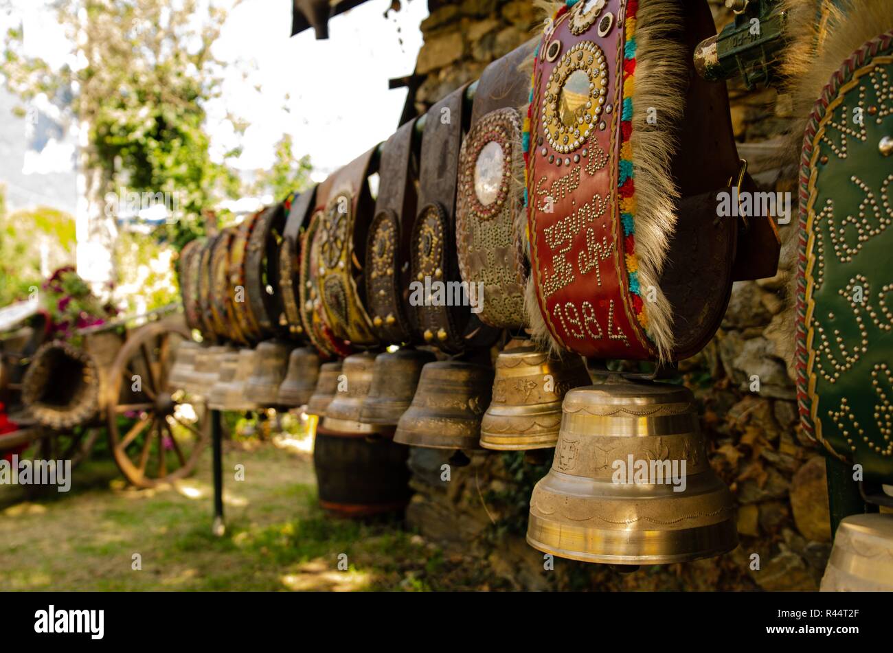 Favella, Piedmont, Italy, July 2018. Cow cattle boots on display at the ...