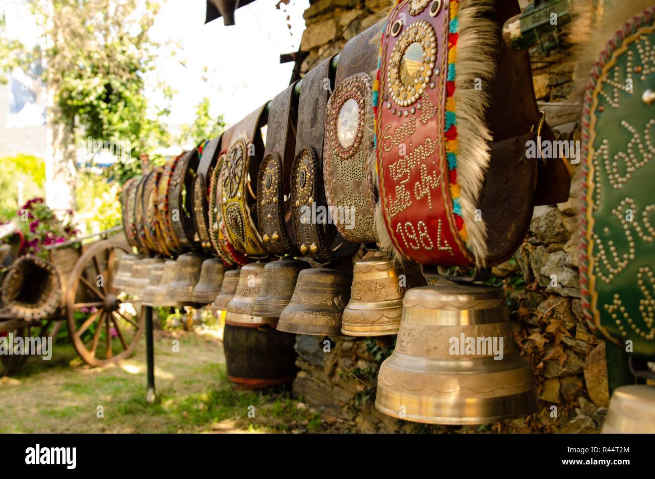 Favella, Piedmont, Italy, July 2018. Cow cattle boots on display at the ...