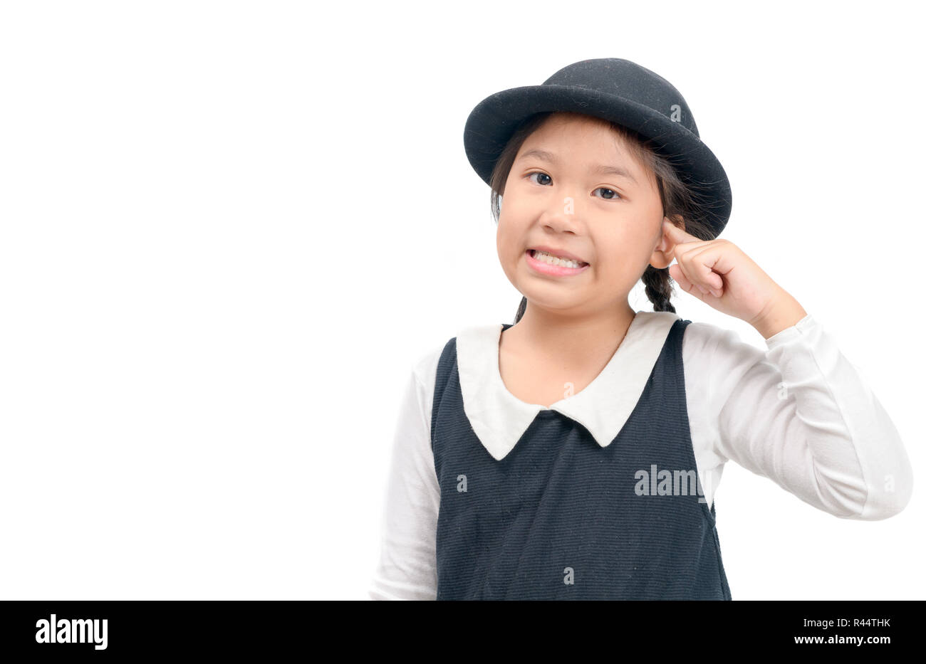 cute asian student thinking isolated on white background, education ...