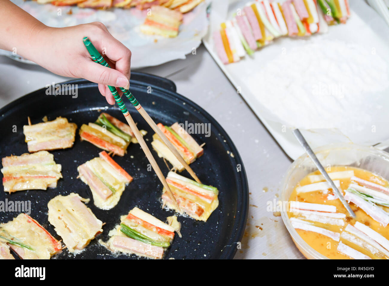 Korean traditional food Sanjeok, made by placing seasoned slices of ...