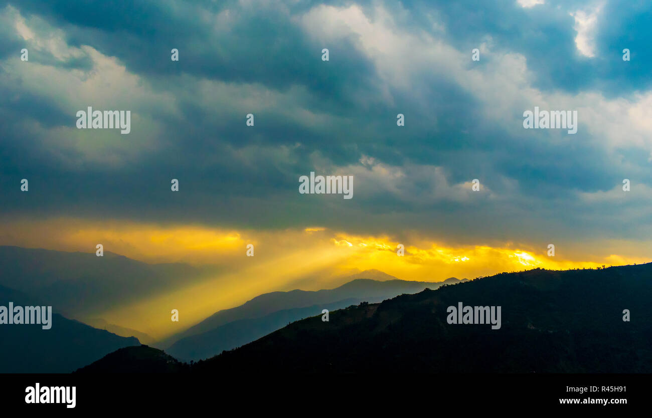 Sunrise over the Pir Panjal Range, clouds, raining, sunrise through the ...