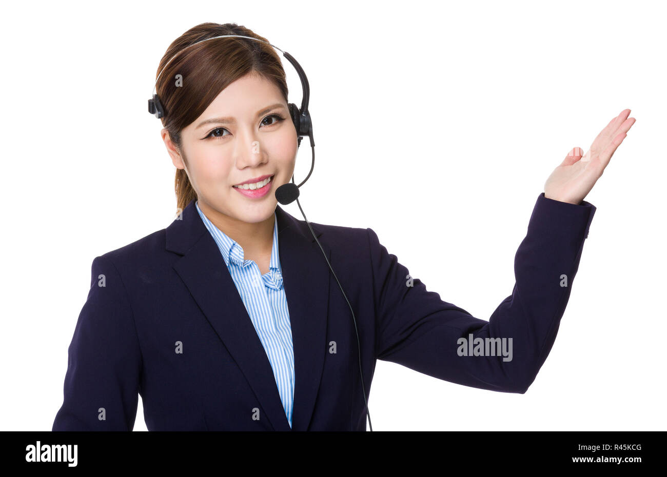 Customer services operator with open hand palm Stock Photo - Alamy