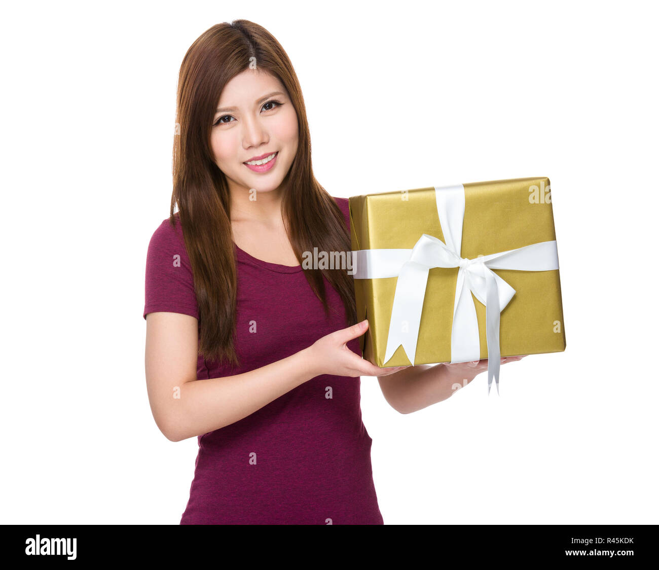 Asian woman hold with big present box Stock Photo - Alamy