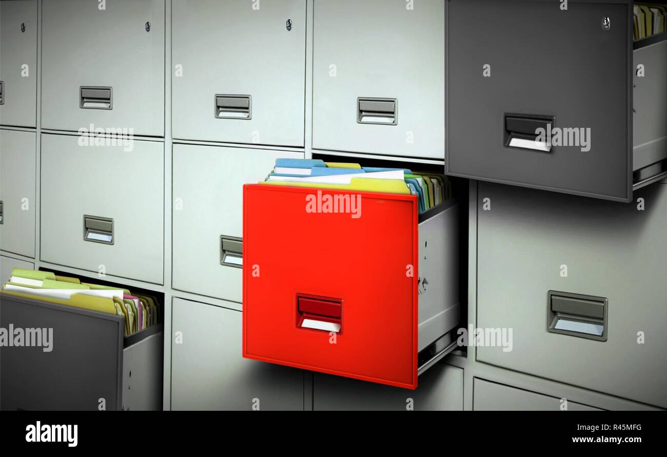File cabinet with files and open drawers Stock Photo - Alamy