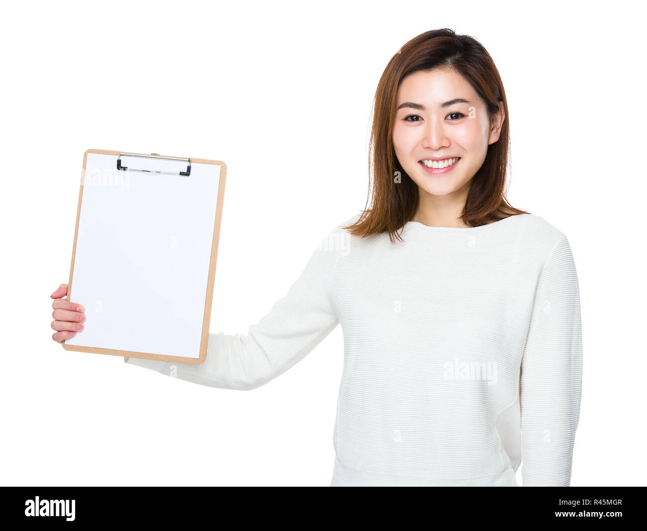 Woman show with clipboard Stock Photo - Alamy