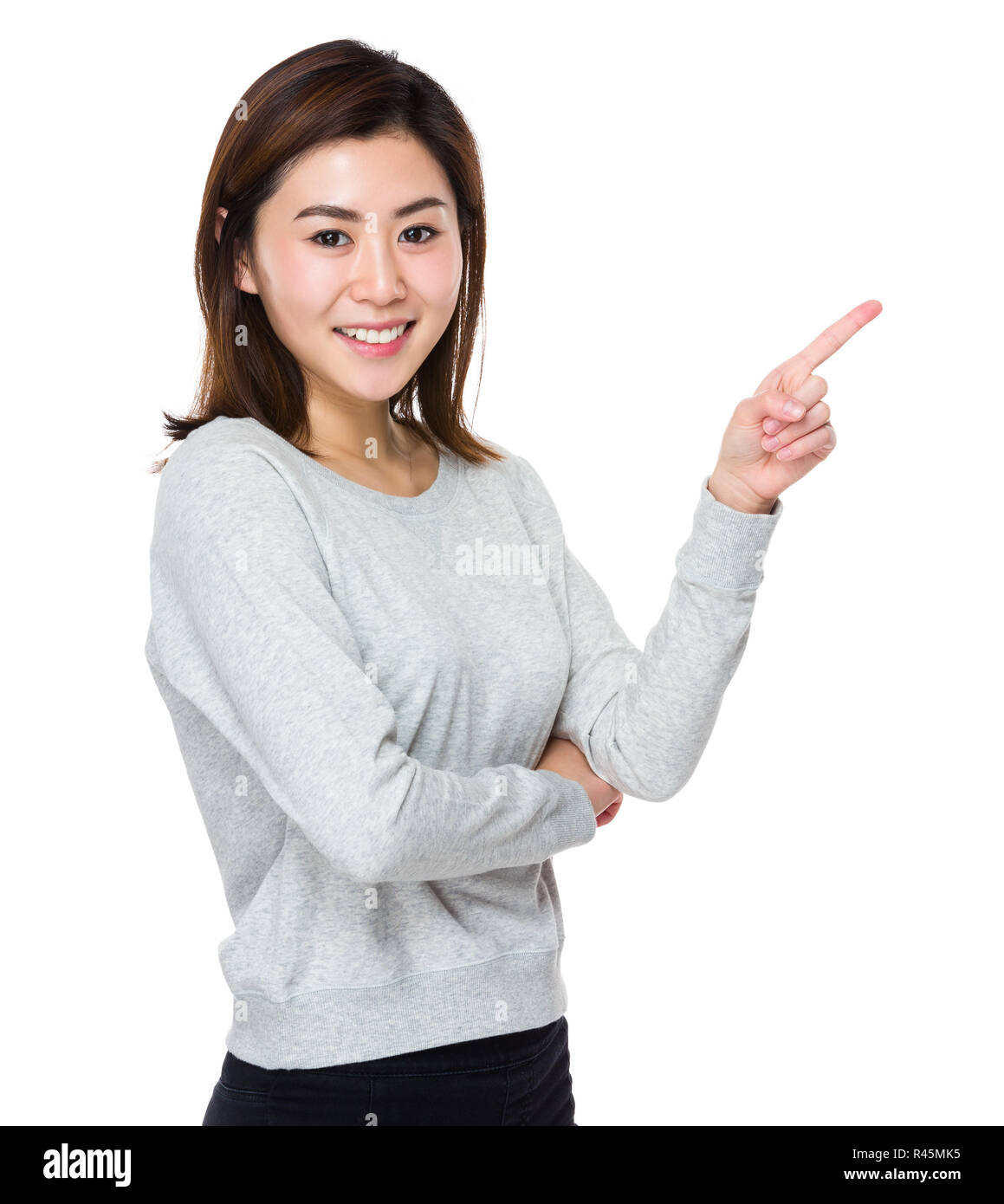 Woman with finger pointing something Stock Photo - Alamy