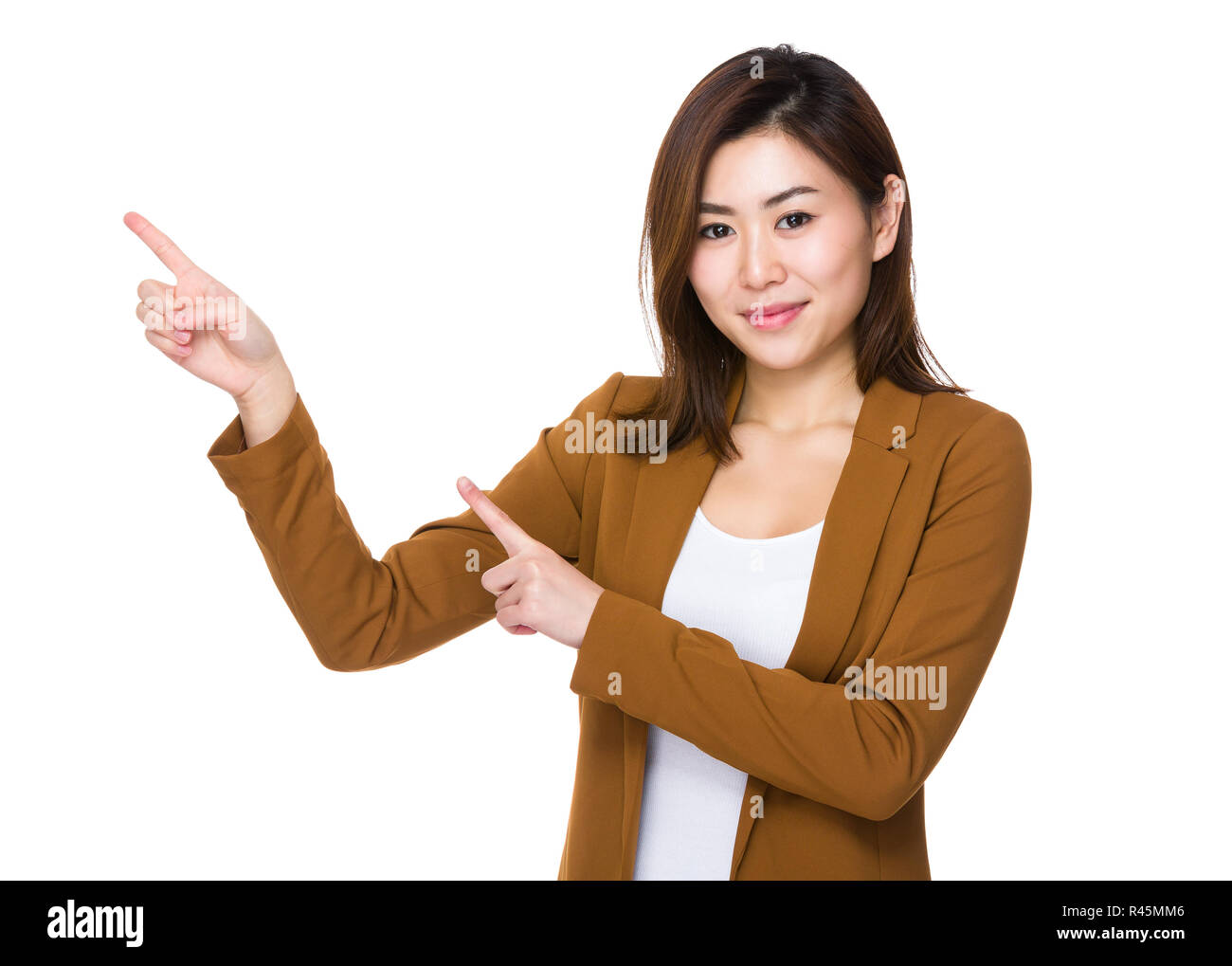 Asian young businesswoman with two finger point up Stock Photo - Alamy