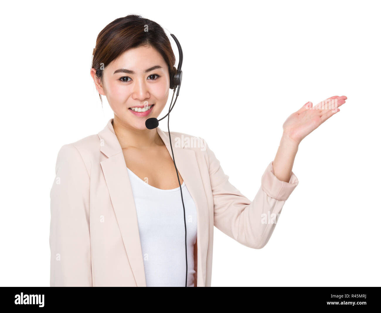 Call center agent with open hand palm for selling something Stock Photo ...