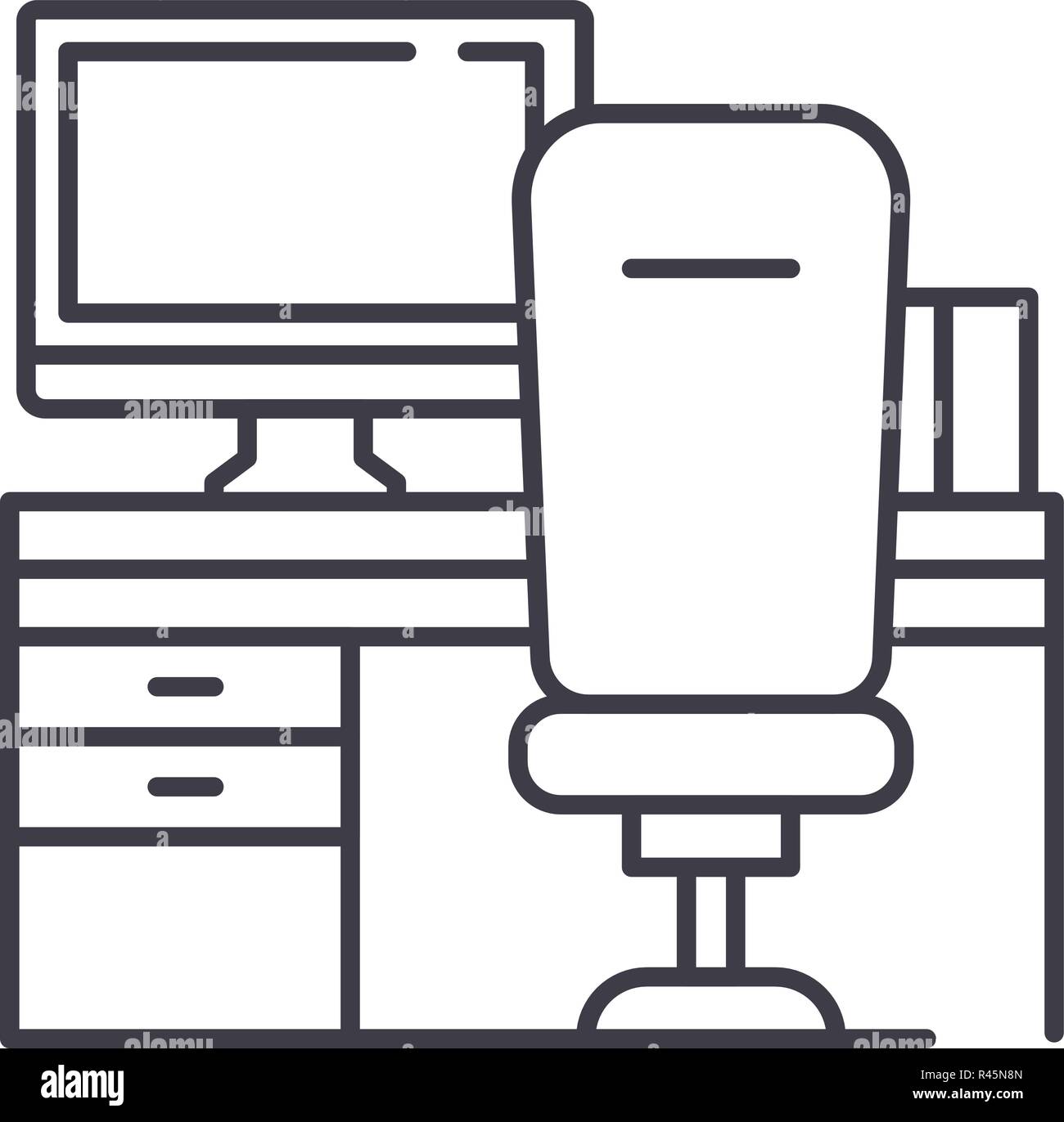Workplace with computer and chair line icon concept. Workplace with ...