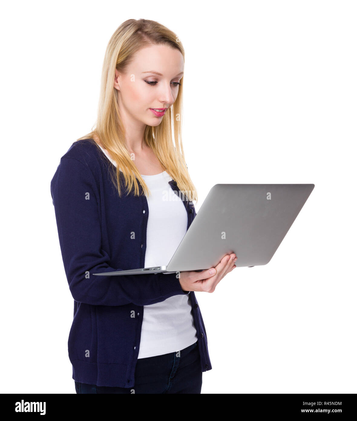 Caucasian woman watching on laptop computer Stock Photo - Alamy