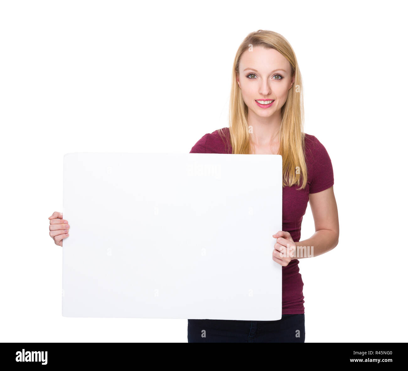 Woman show with the white banner Stock Photo - Alamy