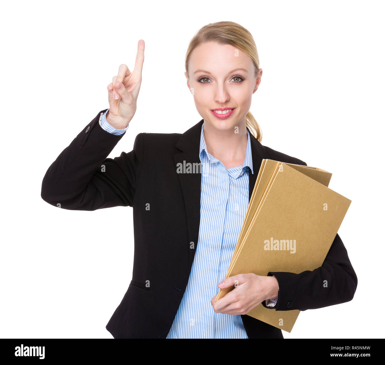 Businesswoman hold with folder and finger point up Stock Photo - Alamy