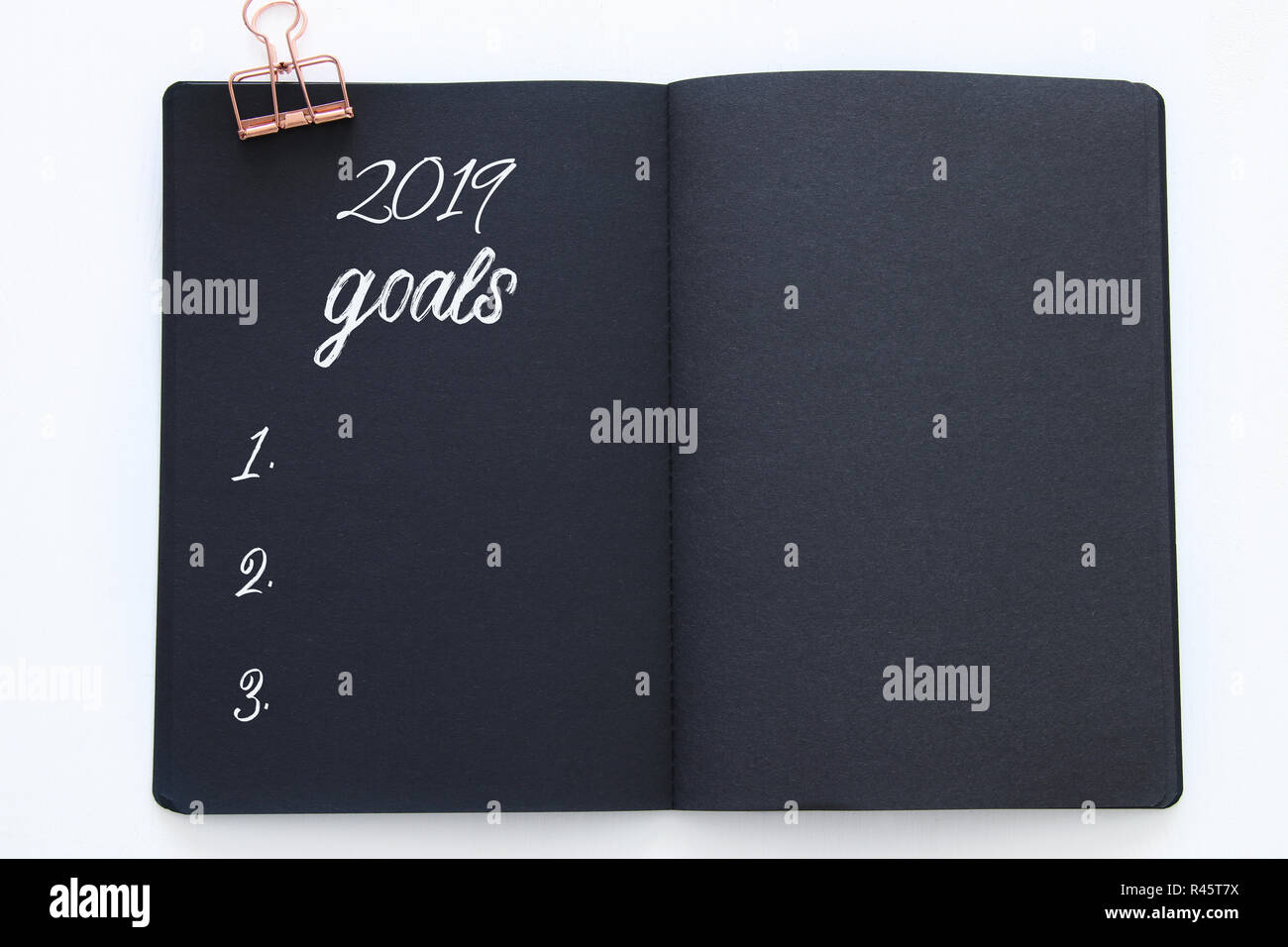 Top view 2019 goals list with notebook over wooden white desk Stock ...