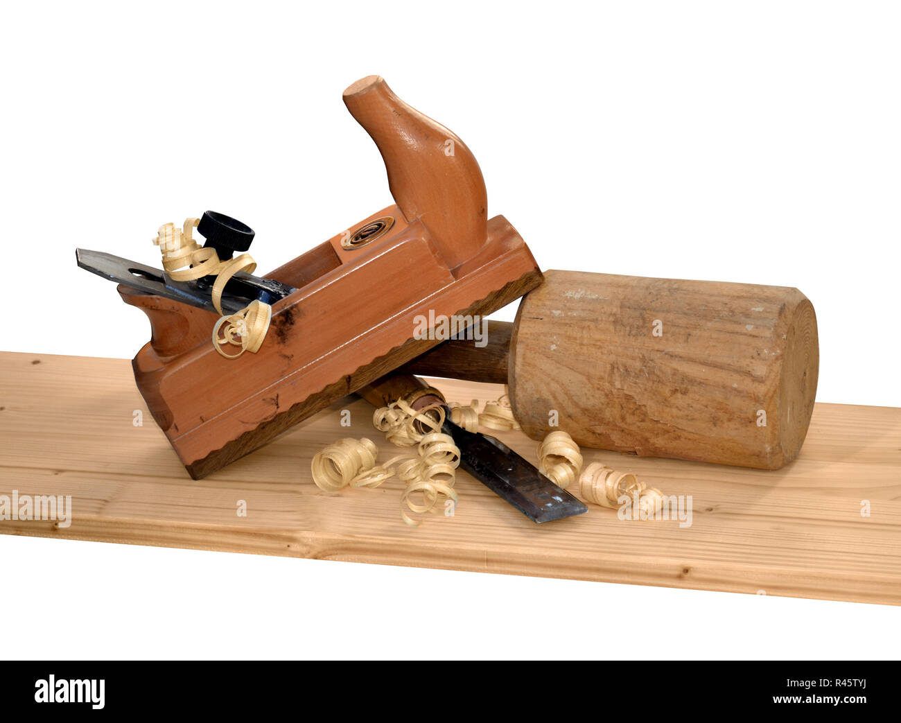 carpenter Tools planer file hammer clapper sawdust Stock Photo - Alamy