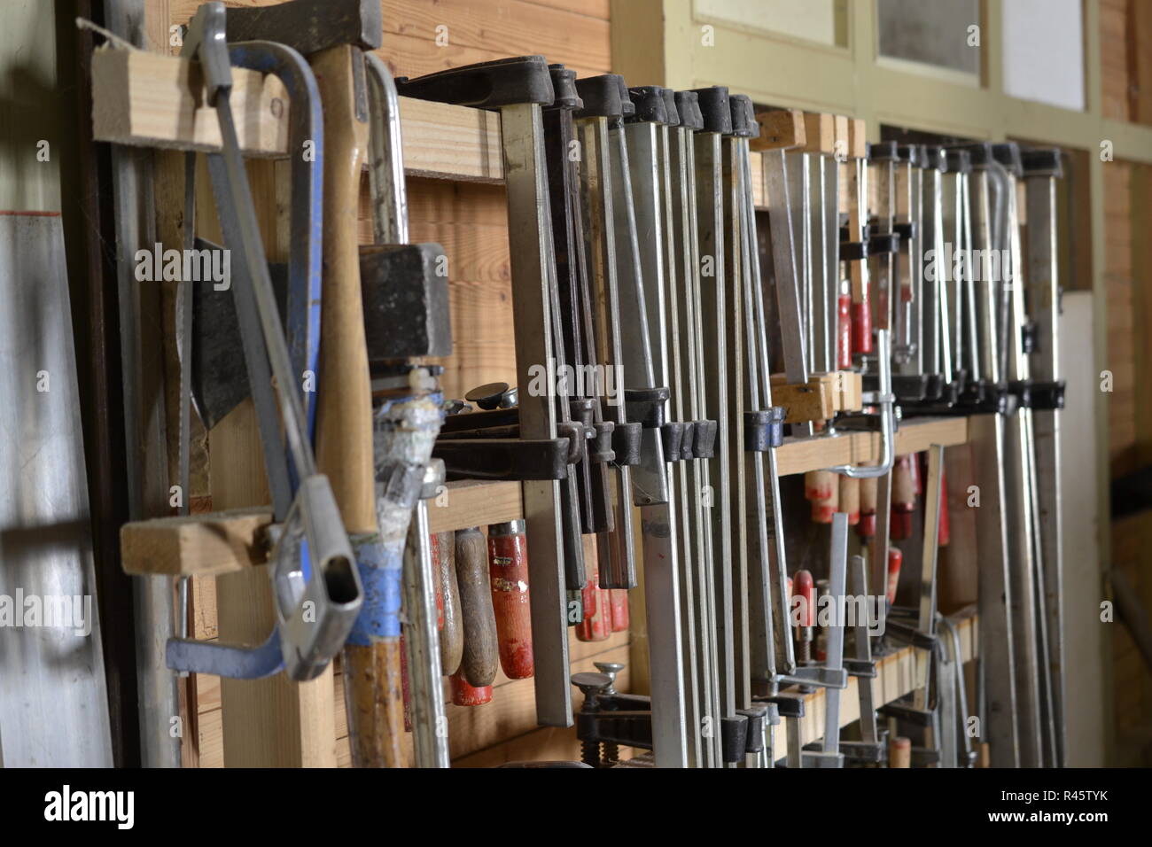 carpenter Tools planer file hammer clapper sawdust Stock Photo - Alamy