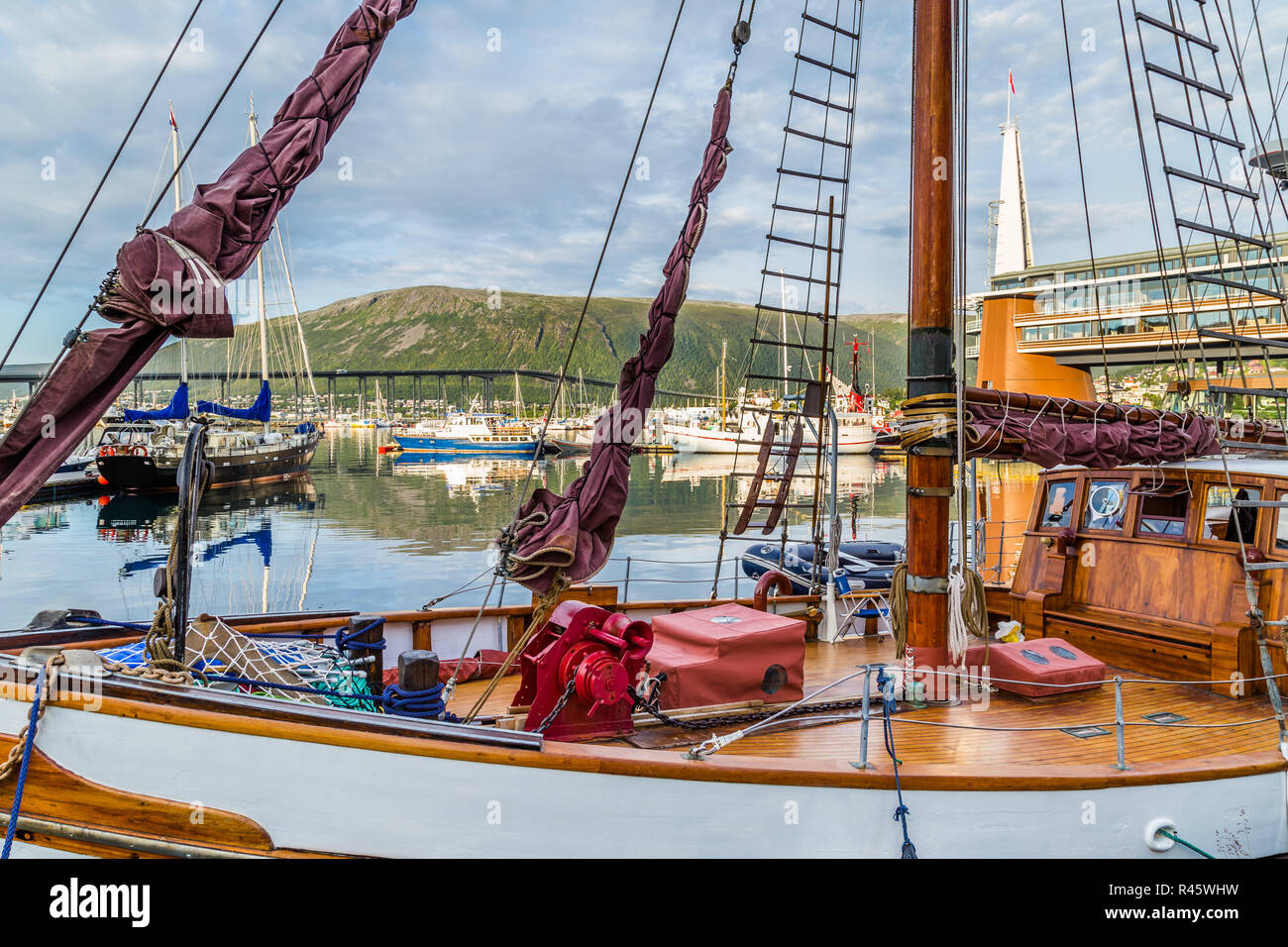 Old ship in the harbor in the center of Tromso in northerm Norway Stock ...