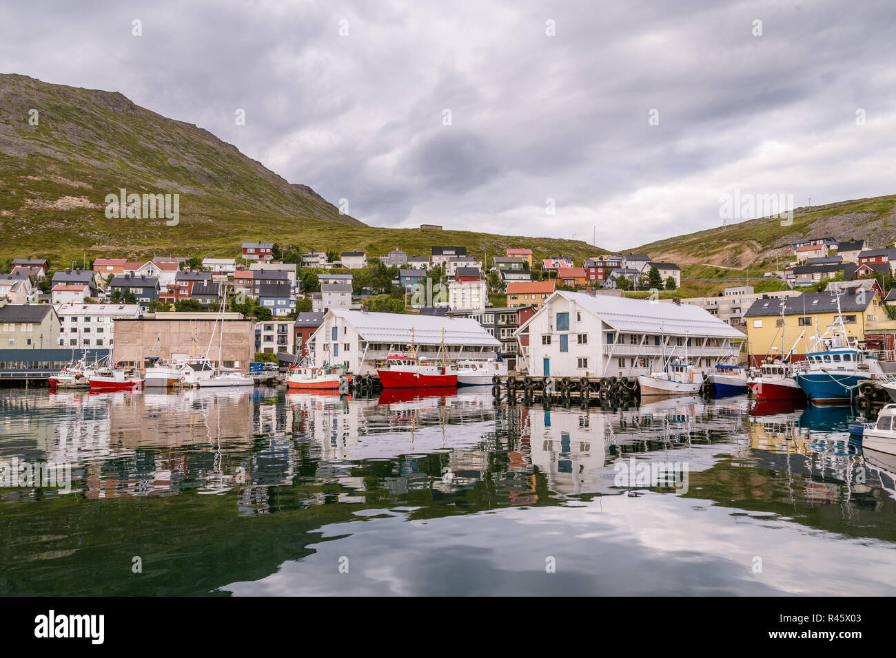 HONNINGSVAG, NORWAY- JULY 24, 2016: Port of Honningsvag in Finnmark ...