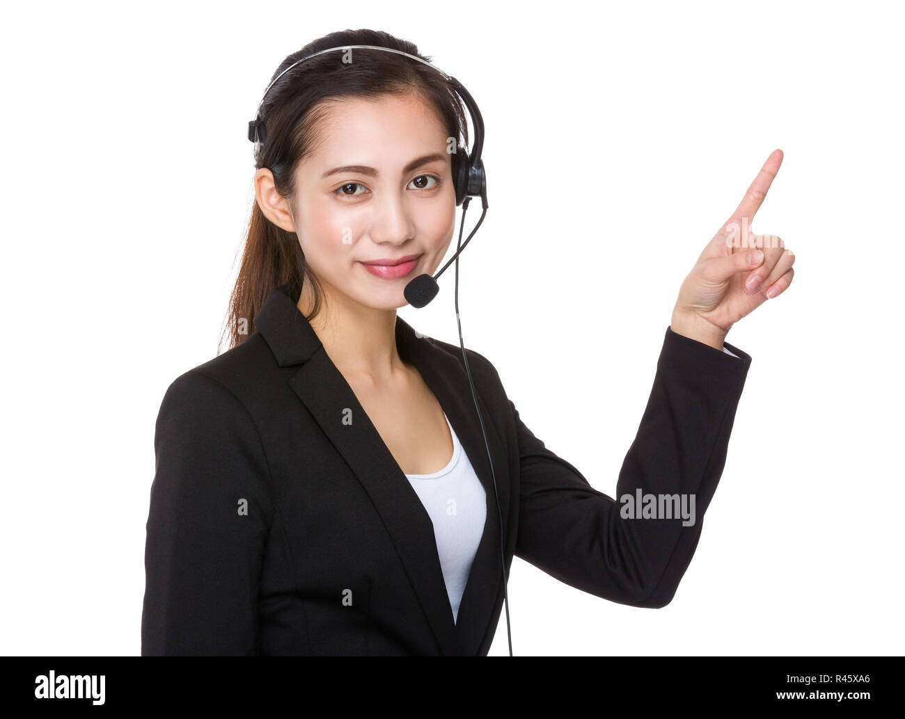 Call center agent with finger up Stock Photo - Alamy