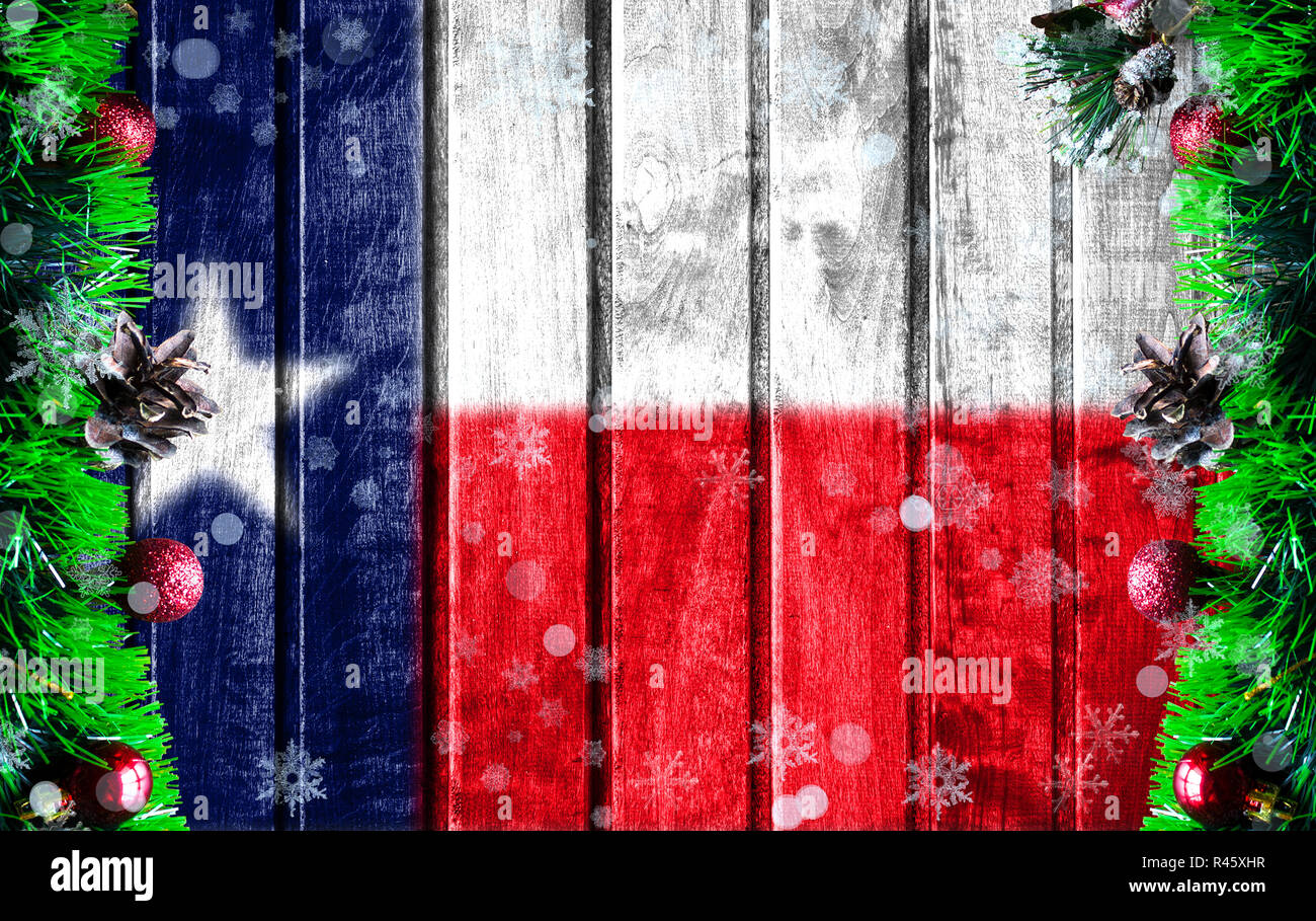 Wooden Christmas background with blurred flag State of Texas. There is ...