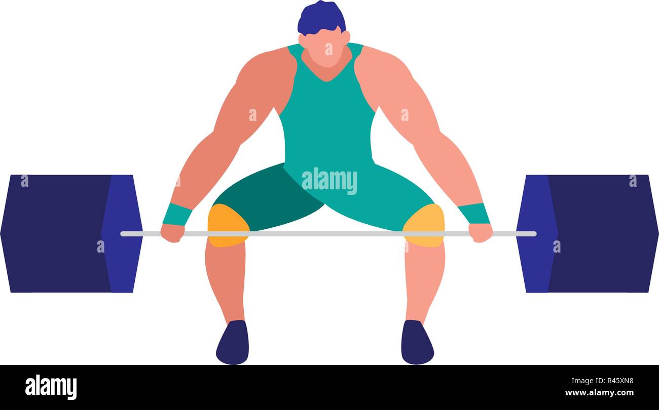 cartoon weightlifter with weights over white background, vector ...